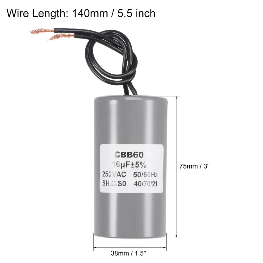 uxcell CBB60ランコンデンサ 16uF 250V AC 2ワイヤー 50/60Hz シリンダー 75x38 mm エアコン ...