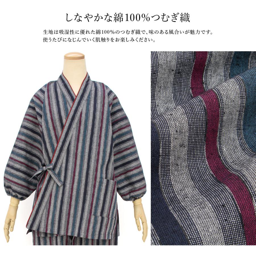 作務衣 女性 レディース 綿 コットン 紬 ネイビー グレー 縞 ストライプ 木綿 洗える カジュアル 部屋着 ルームウェア 女性用 送料無料 : きもの館 創美苑 - 通販 - Yahoo ...