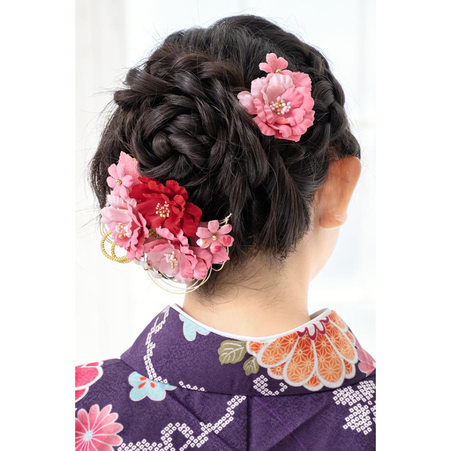 SOUBIEN（創美苑） 髪飾り 2点セット ピンク 牡丹 桜 縮緬 水引 コーム