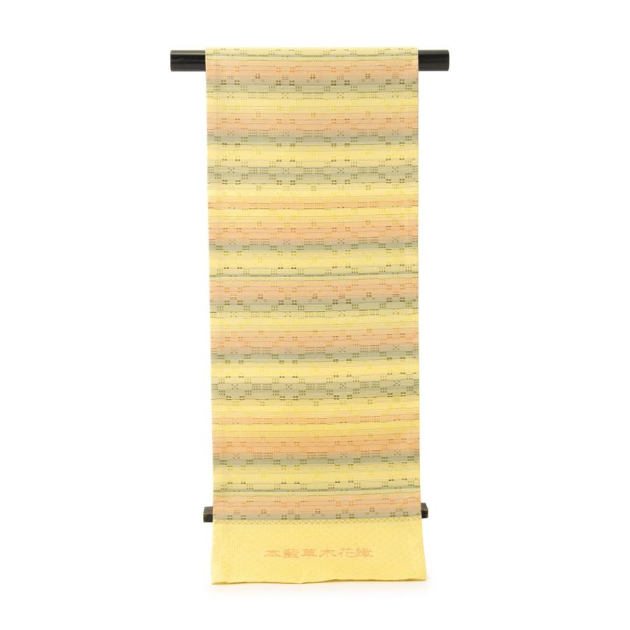 袋帯 未仕立て 本藍草木花織 黄色 イエロー サーモンピンク 灰緑 グラデーション 絣 花織 阿波藍 藍染 正絹 全通柄 日本製 カジュアル 袋帯 未仕立て 本藍草木花織 黄色 イエロー サーモンピンク 灰緑