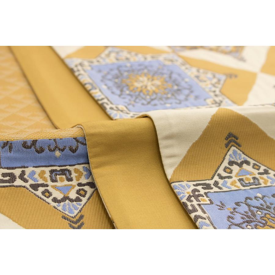 【未仕立て】袋帯 黄土色 オークル 薄茶色 ベージュ 灰緑 菱繋ぎ 八角形唐花 コプト裂 風通織 正絹 大光謹製 京都西陣織 2362 六通柄 フォーマル カジュアル 日本製 未仕立て】袋帯 黄土 オークル 薄茶 青系 菱繋ぎ 八角形唐花 コプト裂