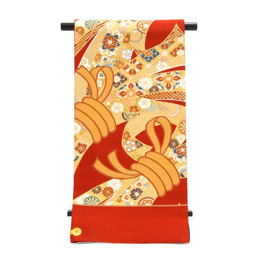 袋帯 訳あり 未仕立て 赤 レッド 金色 花文 束ね熨斗 絹 京都西陣織