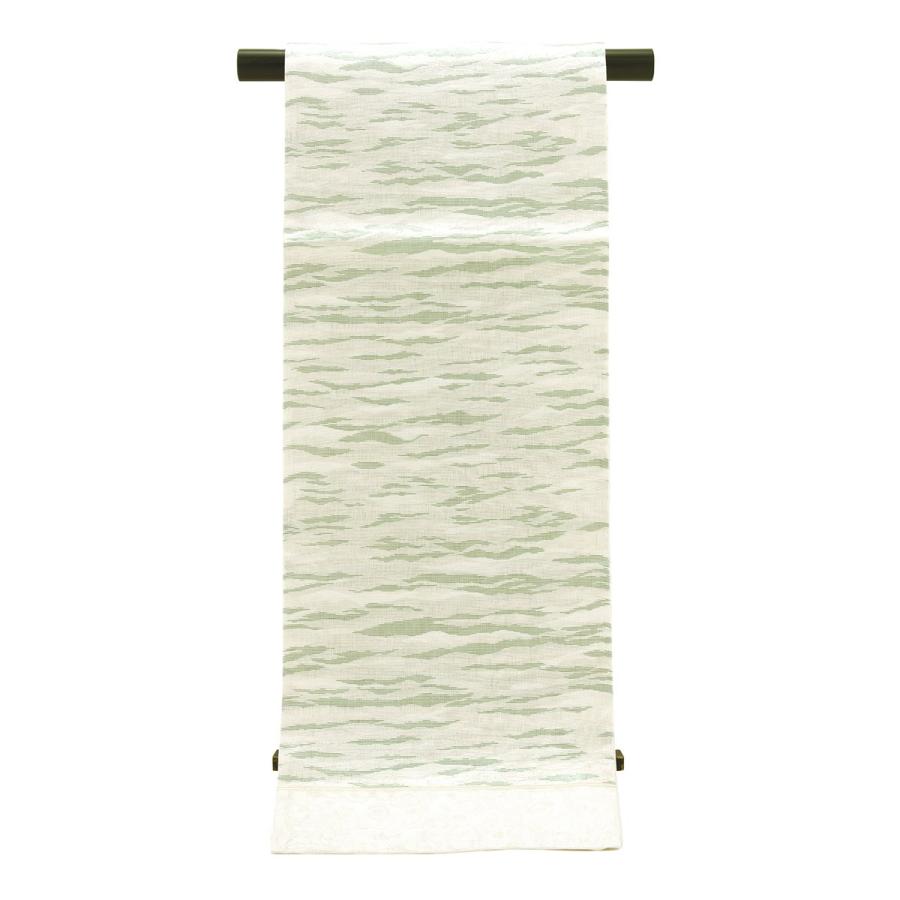 訳あり 袋帯 未仕立て 華翔苑 白系 オフホワイト 緑 グリーン 雲 縞