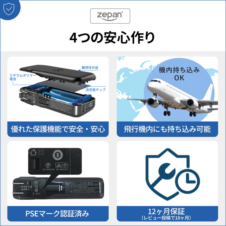 【zepan-wpd30】モバイルバッテリー タイプc 充電器 ワイヤレス充電 最大30W超急速充電 大容量9600mAh 停電対応 防災 ...