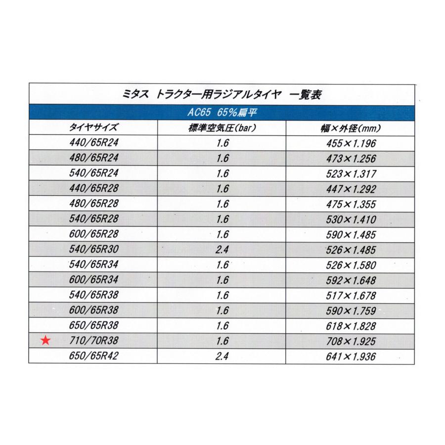 Mitas ミタス トラクター用ラジアルタイヤ AC65 サイズ 710/70R38 ・ 65％扁平 TL チューブレス 1本（タイヤのみホイール無し） : ウイザードパーツショップ - 通販 ...