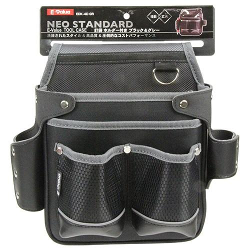 E-Value 腰袋 釘袋 ホルダー付 EDK-4D-GR 工具差し 工具袋 電工袋 おしゃれ かっこいい ツールケース サポートベルト 大工道具 黒 ブラック : S.S net - 通販 ...