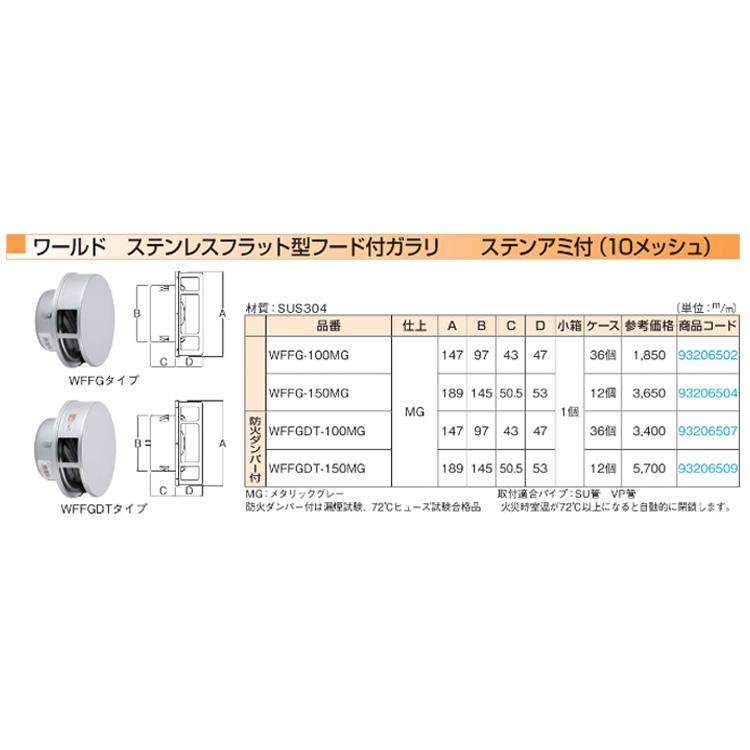フラット型 ガラリ フード付き 換気口カバー換気扇 ダクト ワールド 150mm WFFG-150MG φ150 網付き 水止付 外壁用部材 ...