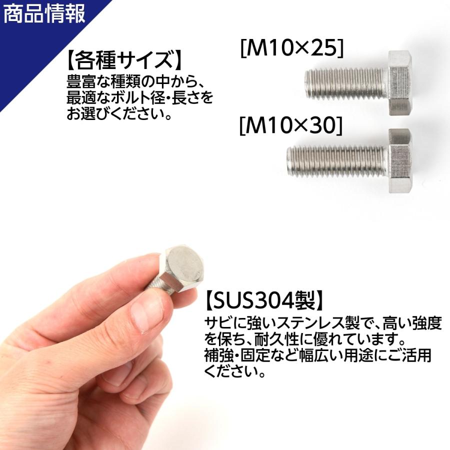 六角ボルト 全ねじ M10×25 10本 首下:25mm 平径:17mm 厚み:7mm ねじ径:10mm ピッチ:1.5mm SUS304 ステンレス ボルト 修理 DIY 補強 部品 ...