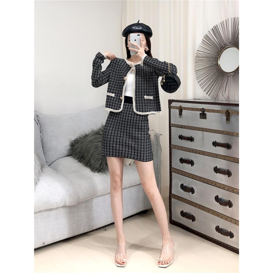 即納 華やか ツイード調 チェック柄 ニット素材 お嬢様 スーツ
