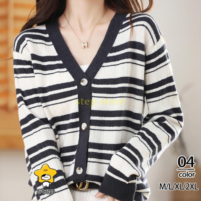 カーディガン レディース ニット カーデ 長袖 ストライプ柄 前開き セーター トップス カットソー カジュアル ゆったり 春秋 インナー ファション : ml1028-womens536 ...