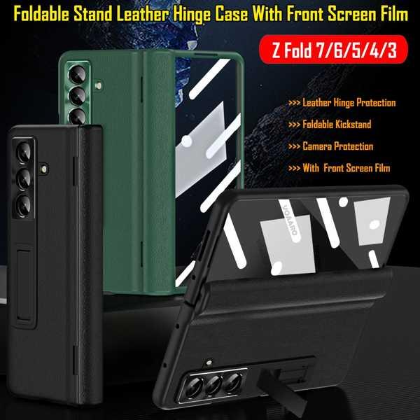 Samsung Galaxy Z Fold 7 6 5 4 3 5G用レザーヒンジ保護ケース、折りたたみ式キックスタンドカバー、フロントフレーム、ガラスフィルム付き : ストアオーシャン ...