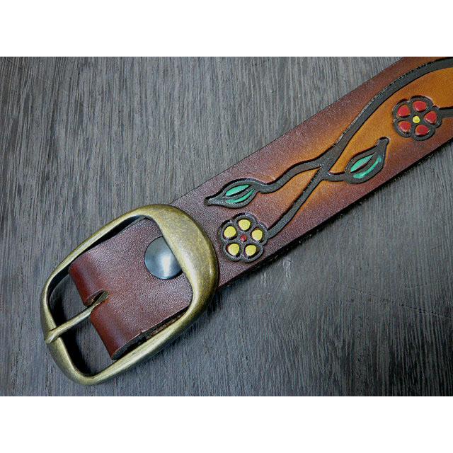 BRACKNEY LEATHER WORKS【ブラックニーレザーワークス】アメリカ製型押 レザーベルトBELT フラワー柄 ブラウン NO ...