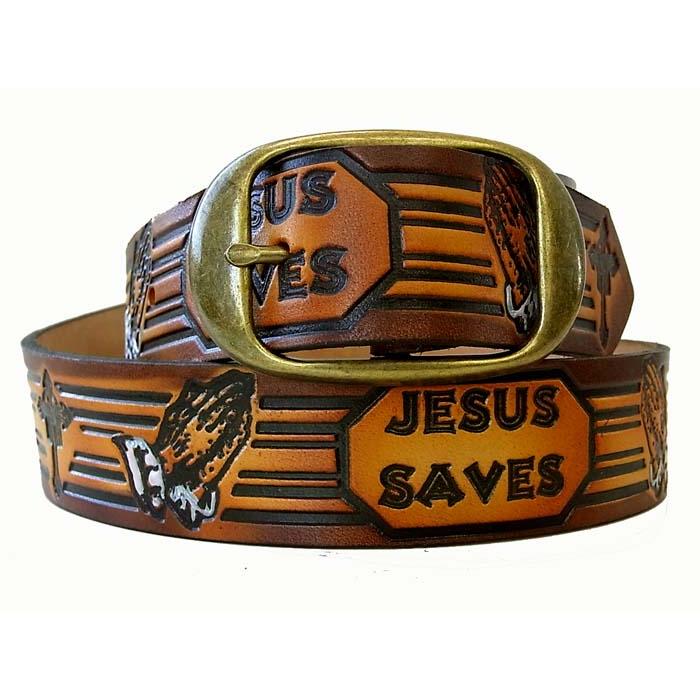BRACKNEY LEATHER WORKS【ブラックニーレザーワークス】アメリカ製型押レザーベルトBELT ジーザスセーブ柄 ブラウン NO ...
