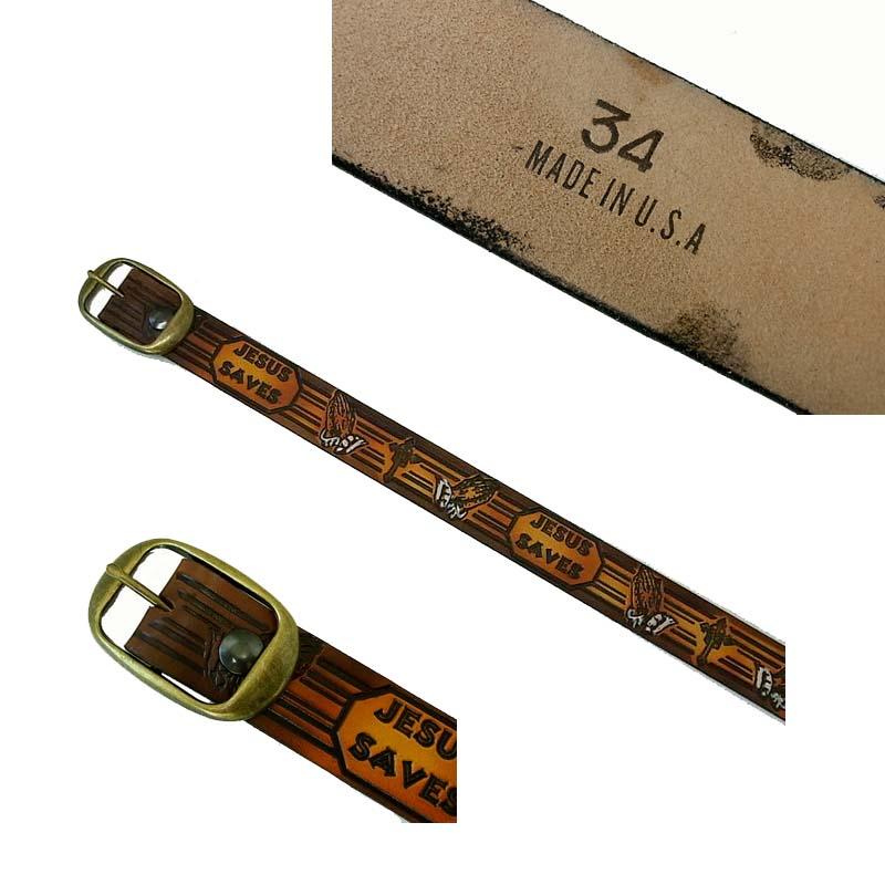 BRACKNEY LEATHER WORKS【ブラックニーレザーワークス】アメリカ製型押レザーベルトBELT ジーザスセーブ柄 ブラウン NO ...