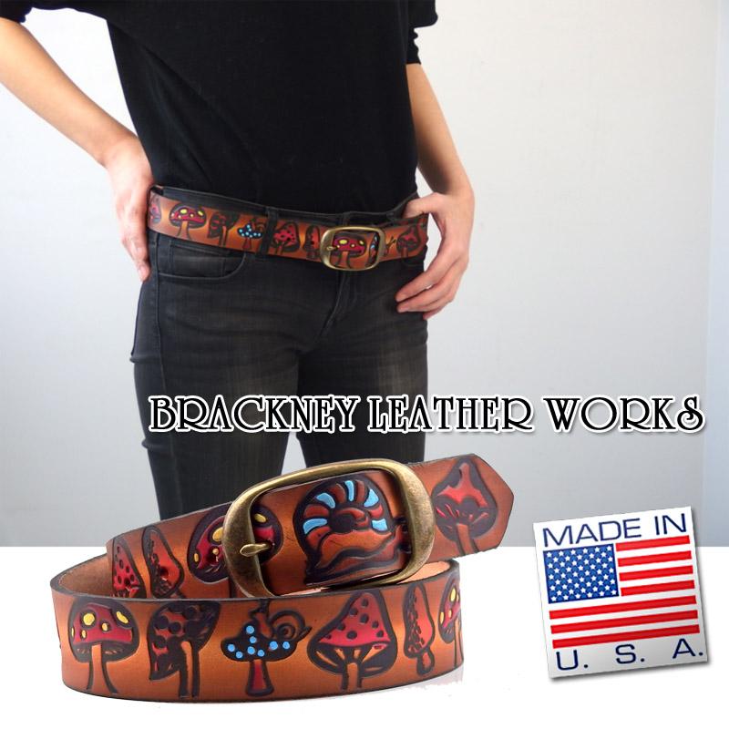 BRACKNEY LEATHER WORKS【ブラックニーレザーワークス】アメリカ製型押 レザーベルト BELT マッシュルーム柄 ブラウン ...