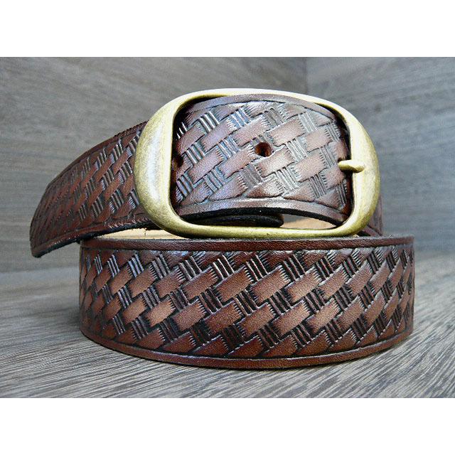 BRACKNEY LEATHER WORKS【ブラックニーレザーワークス】アメリカ製型押 レザーベルトBELT ウーブン柄 ブラウン 5307 ...