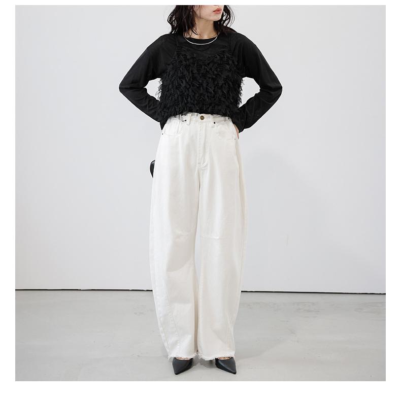 フリンジワイドデニム カーブパンツ ハイウエスト レディース フリンジワイドデニム カーブパンツ ハイウエスト レディース
