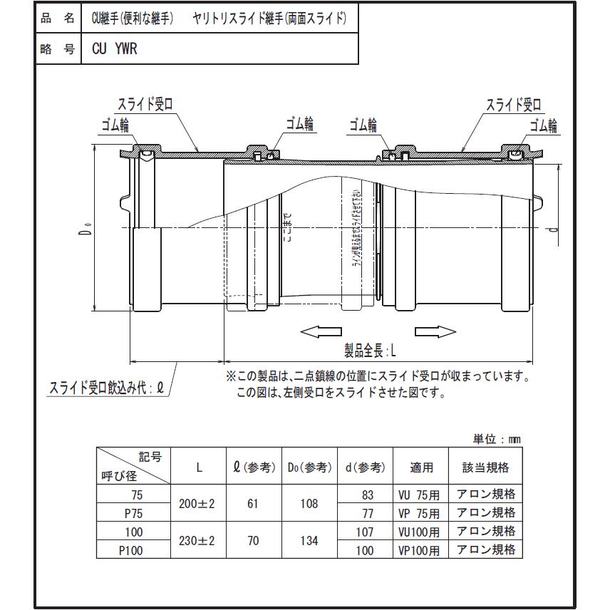 アロン,両側スライド式ヤリトリ継手,屋外排水用伸縮継手,パッキン接合(呼100mm,VU管用)CU-YWR-100 : 水道屋さん - 通販 - Yahoo!ショッピング