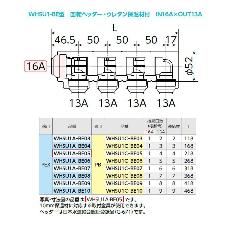 オンダ,WHSU1C-BE07,AE型回転ヘッダー,ウレタン保温10mm厚付,入りPB16A×出PEX/PB13A(ポリブデン16A1口+架橋/ポリブデン13A6口)分岐口360度回転可 ...