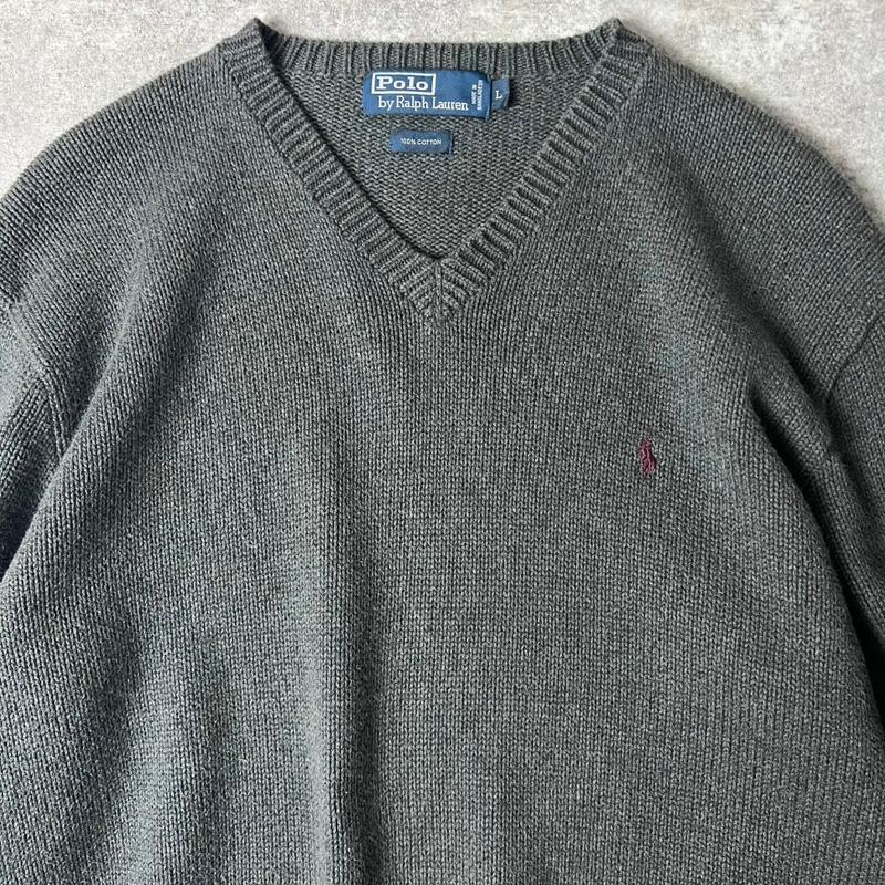 POLO RALPH LAUREN 90s Vネック コットン ニット セーター L / 90年代 オールド ポロ ラルフローレン ポニー刺繍 グレー : 古着屋 JYRE - 通販 ...