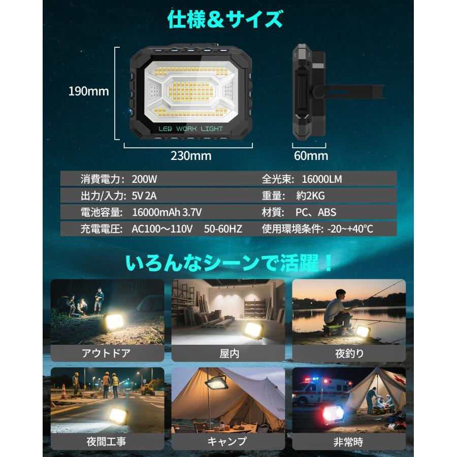 【2025進化モデル】投光器 充電式led 200W/16000lm 作業灯 200W 屋外 超高輝 16000mAH容量 ワークライト 防水 ...