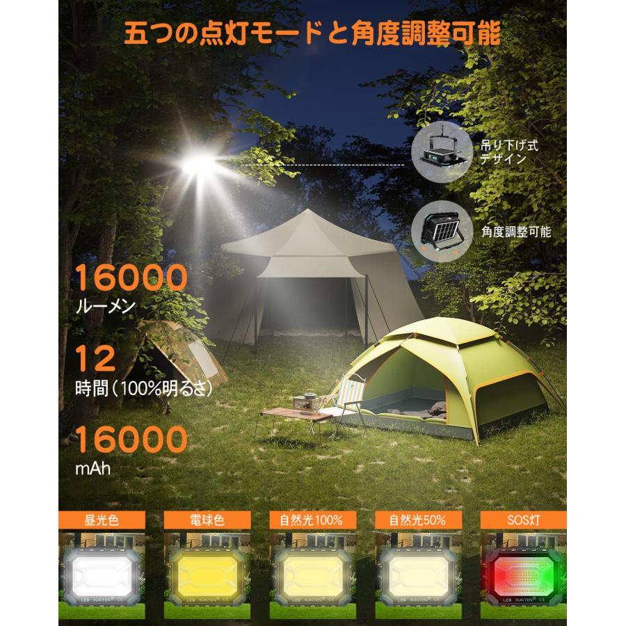作業灯 最高輝度12H連続点灯 LED投光器 USB充電式 200W 100V 16000mAH 非常用ライト ソーラーチャージ 投光器 ...