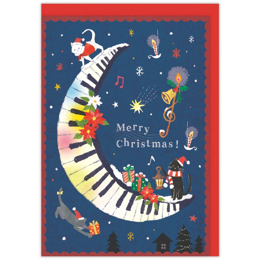 クリスマスカード 音が鳴る♪We wish you a Merry Christmas+猫の鳴き声 オルゴールカード サンタ猫と月 ...