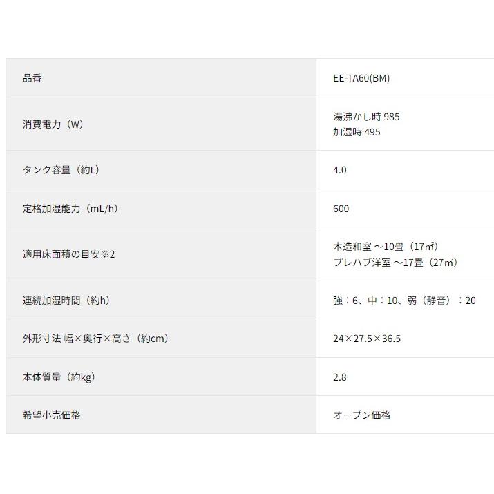 象印 スチーム式加湿器 ソフトブラック EE-TA60-BM 4.0リットル 10〜17畳 12畳 16畳 2024年モデル 最新モデル 大きめ ZOJIRUSHI : ee-ta60-bm ...