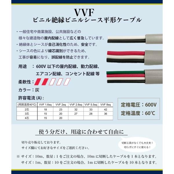 VVFケーブル 1.6mm-2芯 灰色 1m 切り売り1m〜30m 600Vケーブル PSEマーク付 ビニル絶縁ビニルシース ...