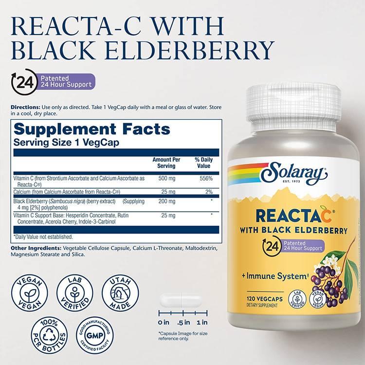 ソラレー リアクタ-C&エルダーベリー 500mg ベジカプセル 120粒 Solaray Reacta-C & Elderberry 徐放型 ...