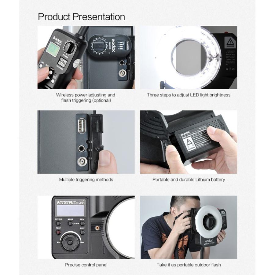 Godox Witstro AR400 400W リングフラッシュスピードライト リチウムイオンバッテリー + LEDビデオライト ...