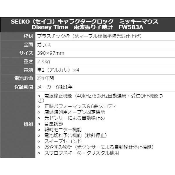 SEIKO SEIKO（セイコ）キャラクタークロック ミッキーマウス Disney Time 電波振り子時計 FW583A プレート文字刻印 ...