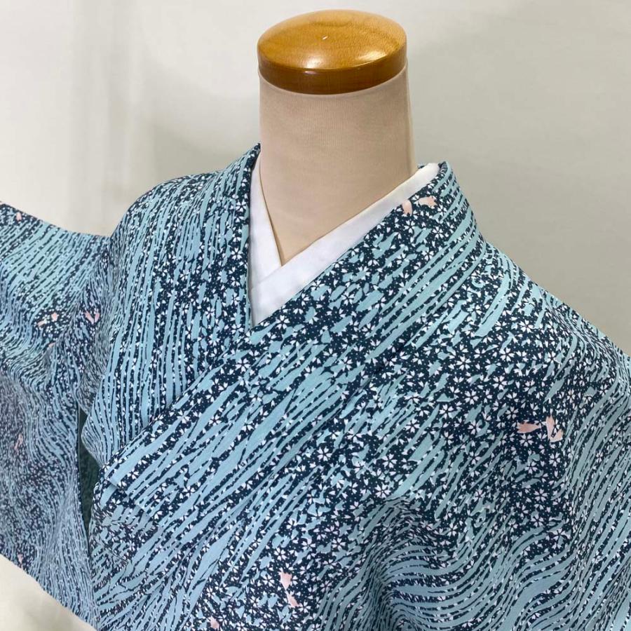 小紋 洗える着物 花柄 袷 お洒落着 普段着 ポリエステル 水色 桜 裄65.7cm 身丈163cm 美品 M サイズ 2458 : 祥美苑ハートランド - 通販 - Yahoo!ショッピング