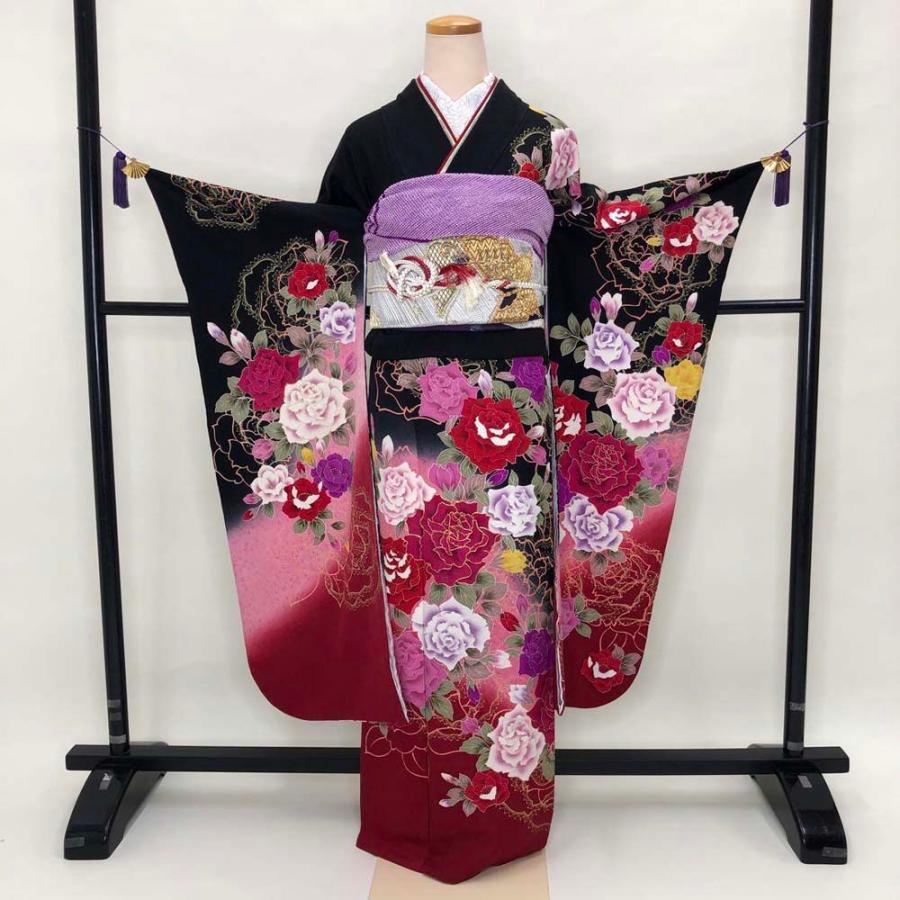 振袖フルセット 裄67cm 身丈173cm 長襦袢セット 総柄 振袖 帯 帯揚げ 帯締め 黒 紫 L サイズ 2689 : 祥美苑ハートランド - 通販 - Yahoo!ショッピング