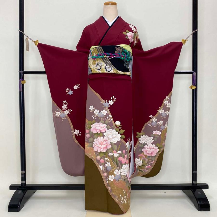 振袖フルセット 裄68cm 身丈168cm 総柄 刺繍 振袖 帯 帯揚げ 帯締め 正絹 エンジ 紺 L サイズ 3341 : 祥美苑ハートランド - 通販 - Yahoo!ショッピング