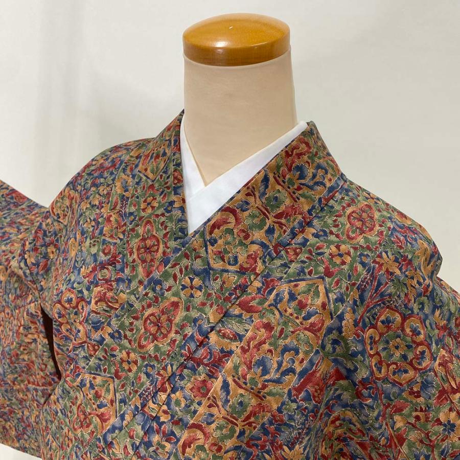 小紋 洗える着物 裄68cm 身丈161.5cm 花柄 袷 お洒落着 普段着 ポリエステル 茶 赤 美品 L サイズ 3657 : 祥美苑ハートランド - 通販 - Yahoo!ショッピング
