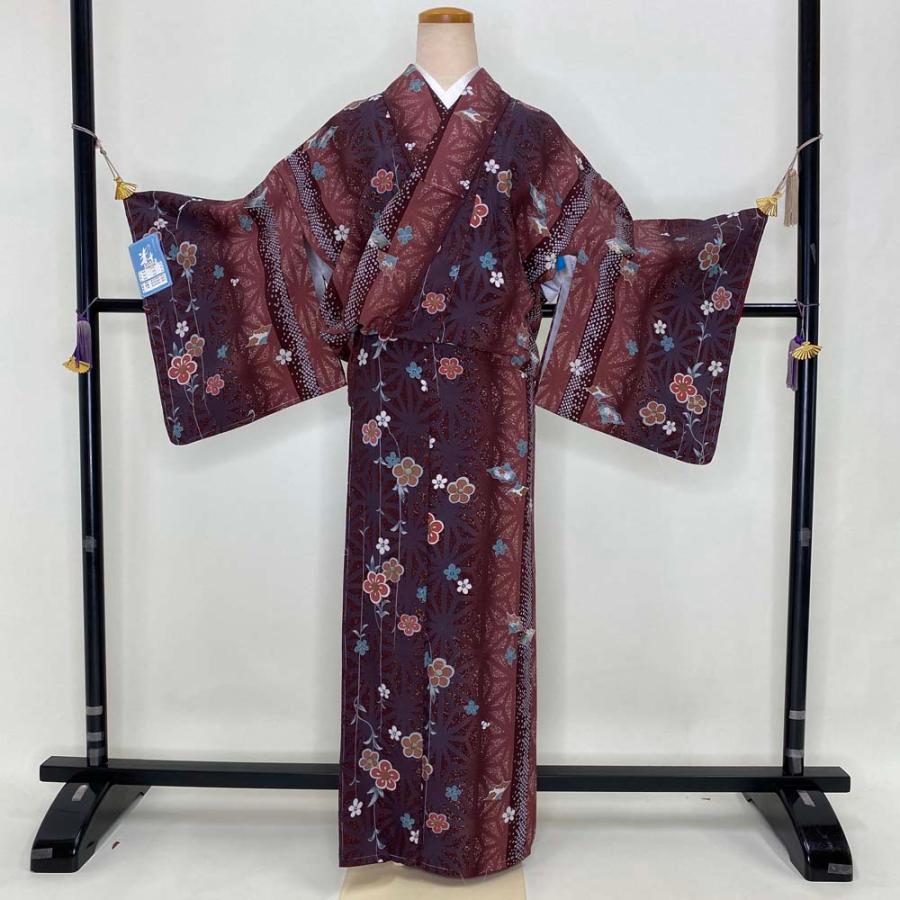 小紋 洗える着物 裄65cm 身丈163cm しつけ糸付き 花柄 袷 お洒落着 普段着 ポリエステル エンジ 美品 M サイズ 3669 ...