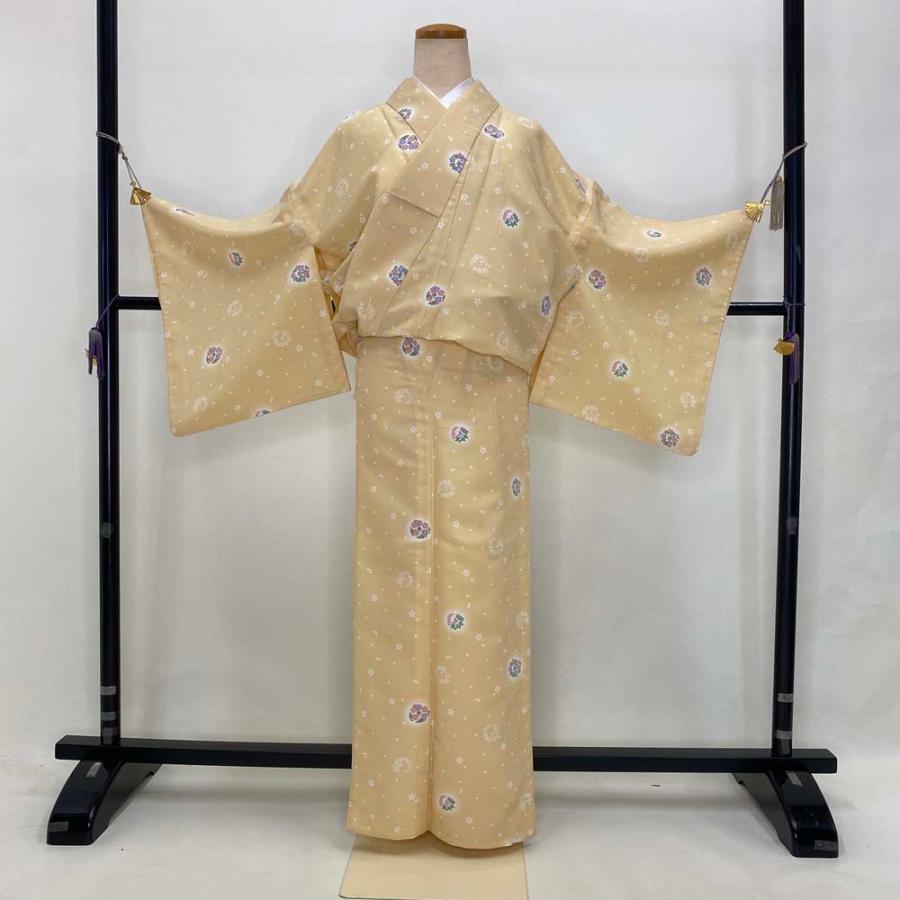 小紋 単衣 洗える着物 裄66cm 身丈162cm 花柄 お洒落着 普段着 ポリエステル 黄色 美品 M サイズ 3857 : 祥美苑ハートランド - 通販 - Yahoo!ショッピング
