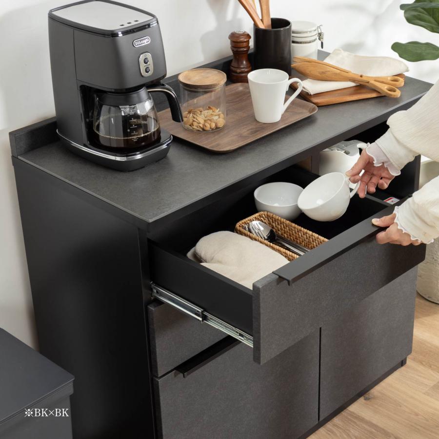 tac INTERIOR キッチンカウンター 90 幅 キッチン 作業台 セラミック ブラック レンジ台 完成品 スリム 食器棚 キッチンボード ロータイプ キッチン収納 炊飯器 引き出し ...