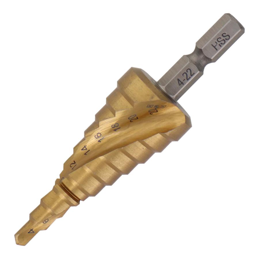 H&H スパイラル式チタンコーティングステップドリル ハイス鋼材 10段 4-22mm STP-4 穴あけ・下穴拡大・面取り・バリ取りなどに : 4954458013142 : 高橋本社 ...