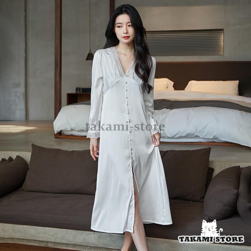 ナイトガウン ワンピース レディース ネグリジェ 長袖 レース 無地 春秋 ルームウェア シンプル 部屋着 ゆったり ひんやり おしゃれ セクシー : ml1028-ny75 : タカミストア ...