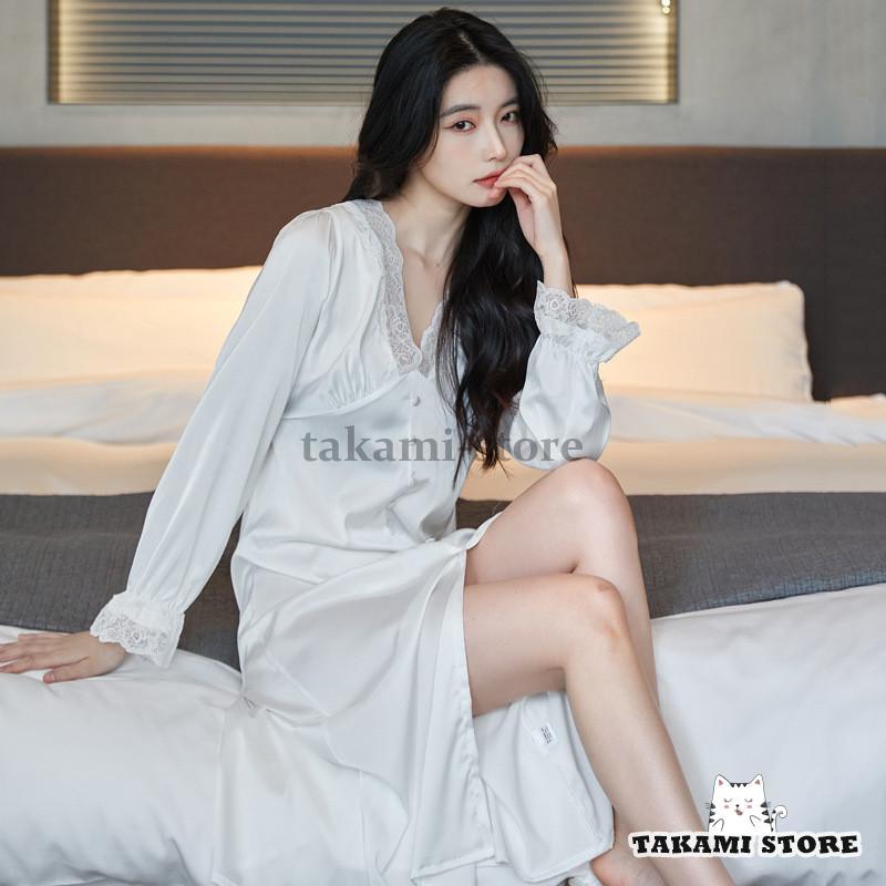 ナイトガウン ワンピース レディース ネグリジェ 長袖 レース 無地 春秋 ルームウェア シンプル 部屋着 ゆったり ひんやり おしゃれ セクシー : ml1028-ny75 : タカミストア ...