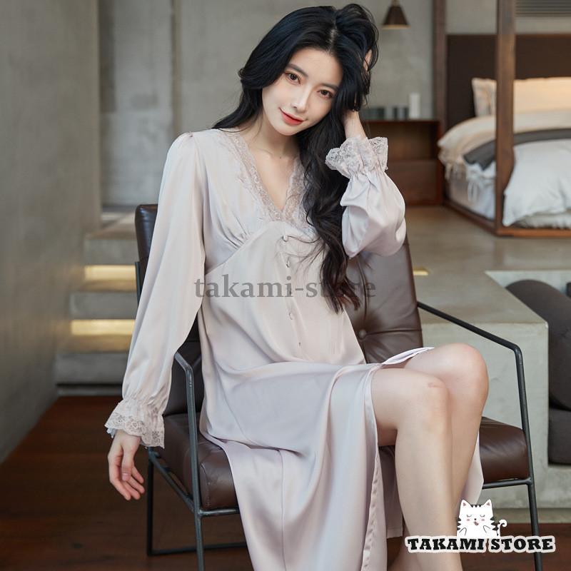 ナイトガウン ワンピース レディース ネグリジェ 長袖 レース 無地 春秋 ルームウェア シンプル 部屋着 ゆったり ひんやり おしゃれ セクシー : ml1028-ny75 : タカミストア ...