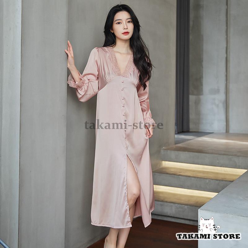 ナイトガウン ワンピース レディース ネグリジェ 長袖 レース 無地 春秋 ルームウェア シンプル 部屋着 ゆったり ひんやり おしゃれ セクシー : ml1028-ny75 : タカミストア ...