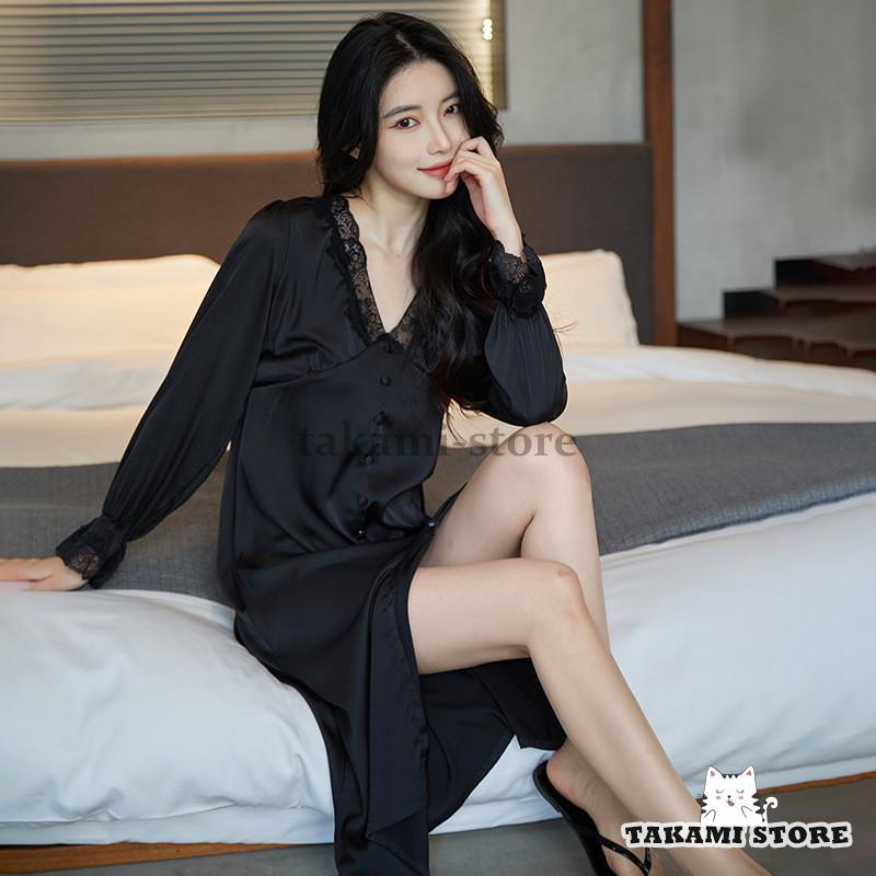 ナイトガウン ワンピース レディース ネグリジェ 長袖 レース 無地 春秋 ルームウェア シンプル 部屋着 ゆったり ひんやり おしゃれ セクシー : ml1028-ny75 : タカミストア ...