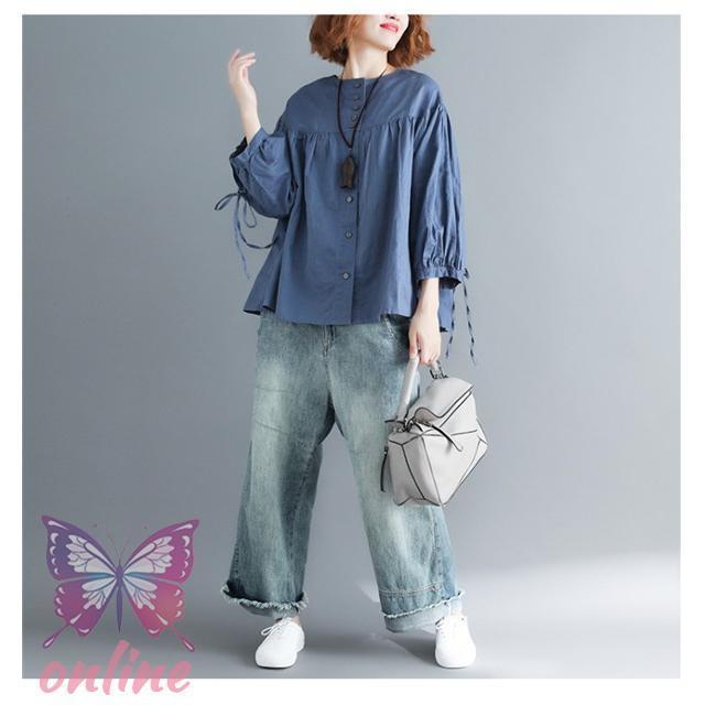 シャツ ブラウス レディース 無地 綿麻 オールシーズン シルエット 長袖 ゆったり 可愛い フォーマル トップス 丸襟 上品 大きいサイズ : タカミストア - 通販 - Yahoo!ショッピング