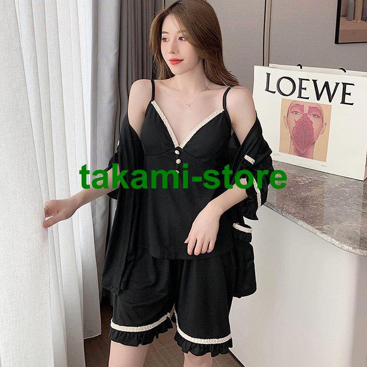 3点パジャマ ルームウェア レディース 春夏 前開きパジャマ 可愛い パッド付き 部屋着 ランジェリー オシャレ 大人 プレゼント : タカミストア - 通販 - Yahoo!ショッピング