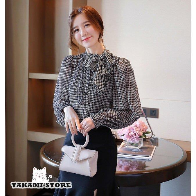 ボウタイブラウス シャツ ブラウス トップス レディース 長袖 千鳥格子