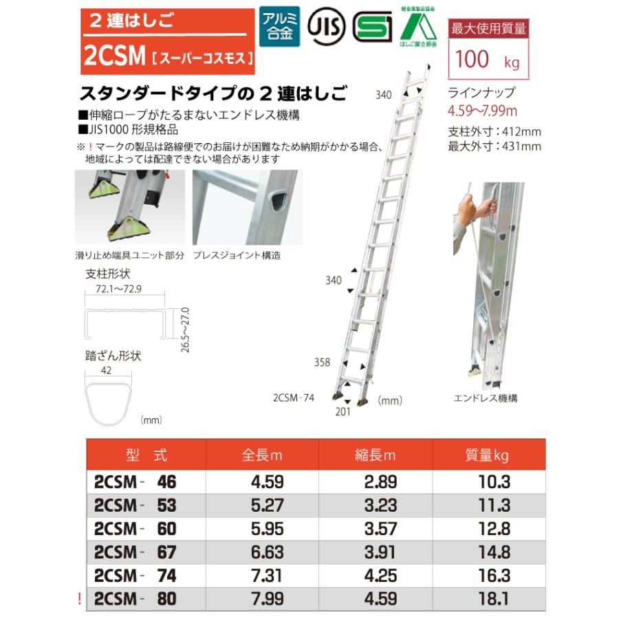 ピカ/Pica 2連はしご スーパーコスモス 2CSM-60 最大使用質量：100kg 全長：5.95m : t51-2csm-60 : 機械と工具のテイクトップ - 通販 - Yahoo ...