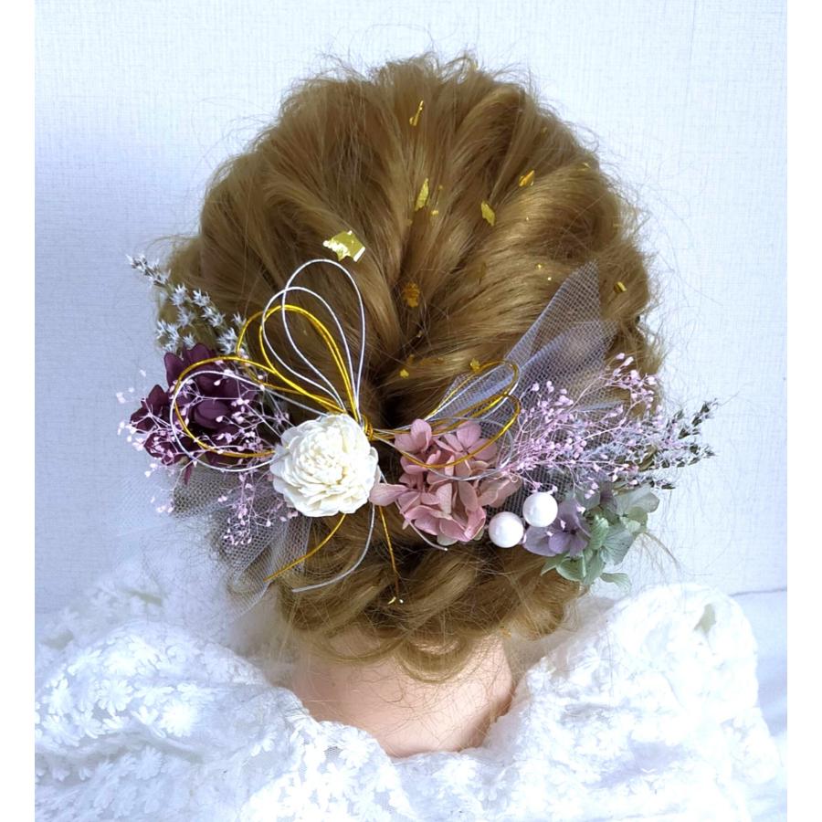 [髪飾りTATA8]成人式 結婚式 卒業式 袴 髪飾り 留袖 振り袖 和装 着物 花 ドライフラワー水引 金箔 パール チュール 白/ヴィオレット/ピンク系/緑系/ゴールド36h ...